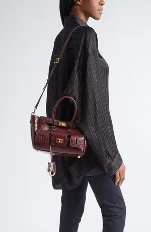 【未使用級】BALENCIAGA レザー ポインテッドトゥ24.5cm 保存袋付 Balenciaga Mini Bel Air Croc Embossed Leather Tote - Dark Burgundy